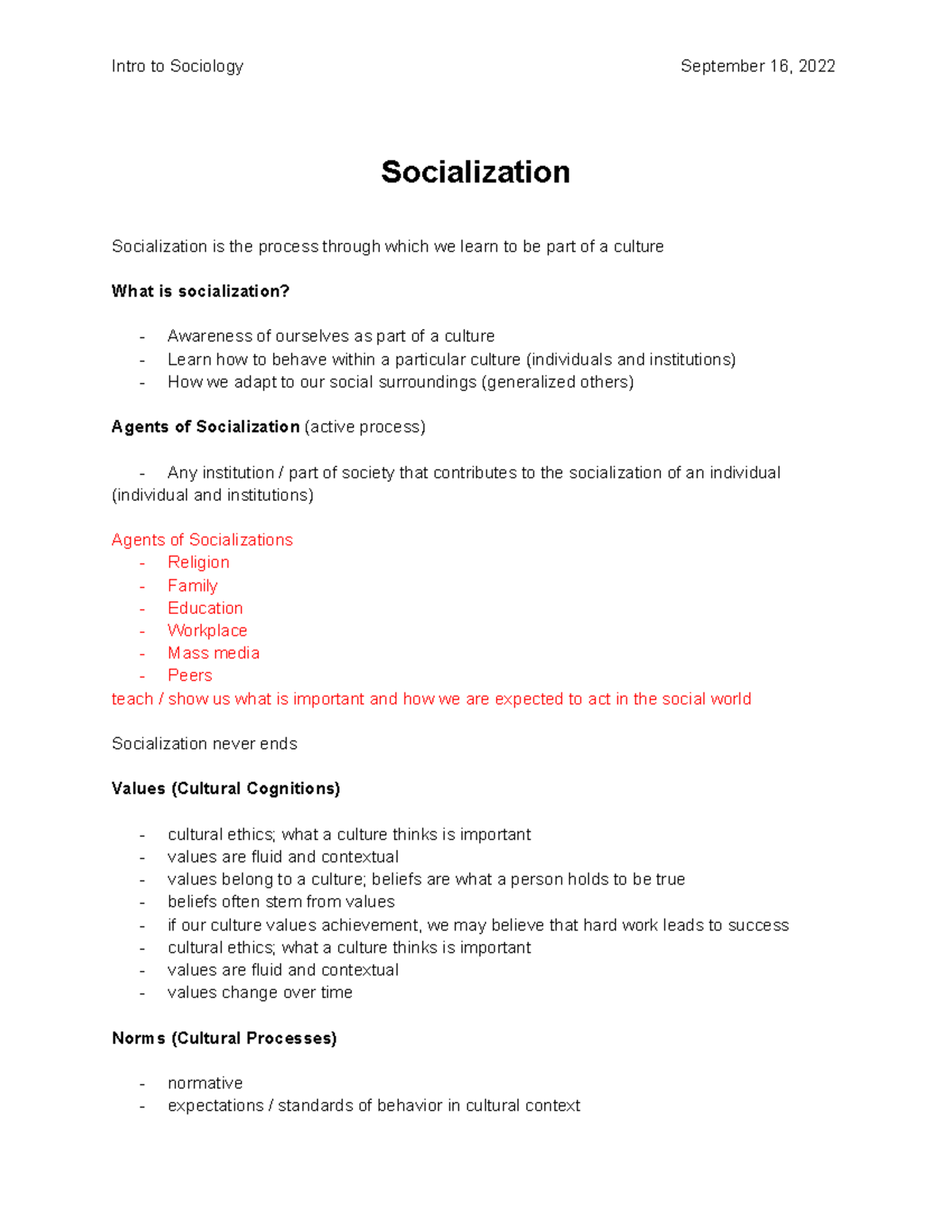 Socialization - Sarah Ford - Intro to Sociology September 16, 2022 ...