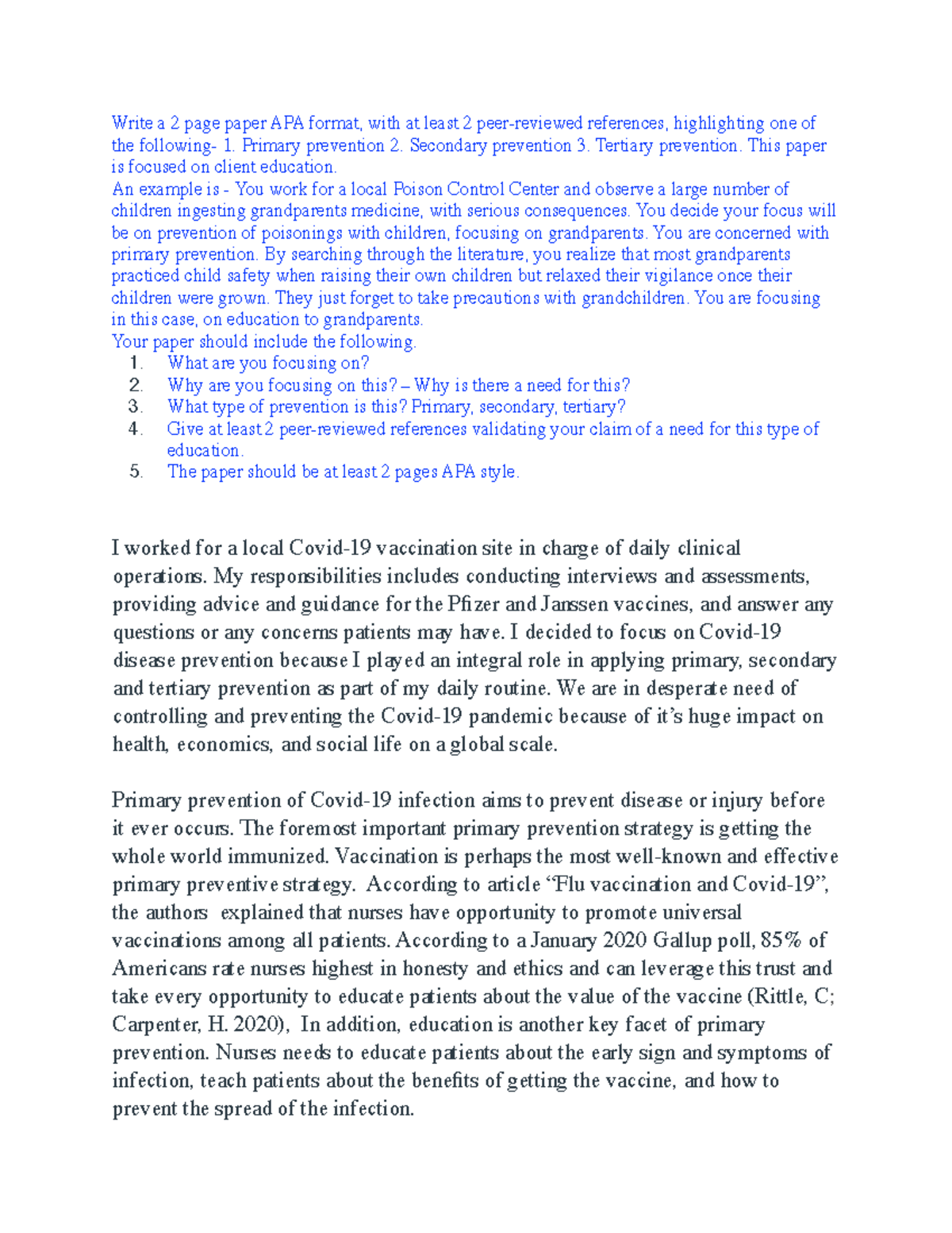 Primary secondary and tertiary prevention - Write a 2 page paper APA ...