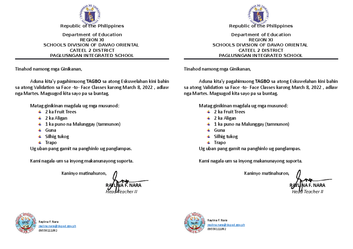 Parent Tagbo Letter - DepEd - Republic of the Philippines Department of ...