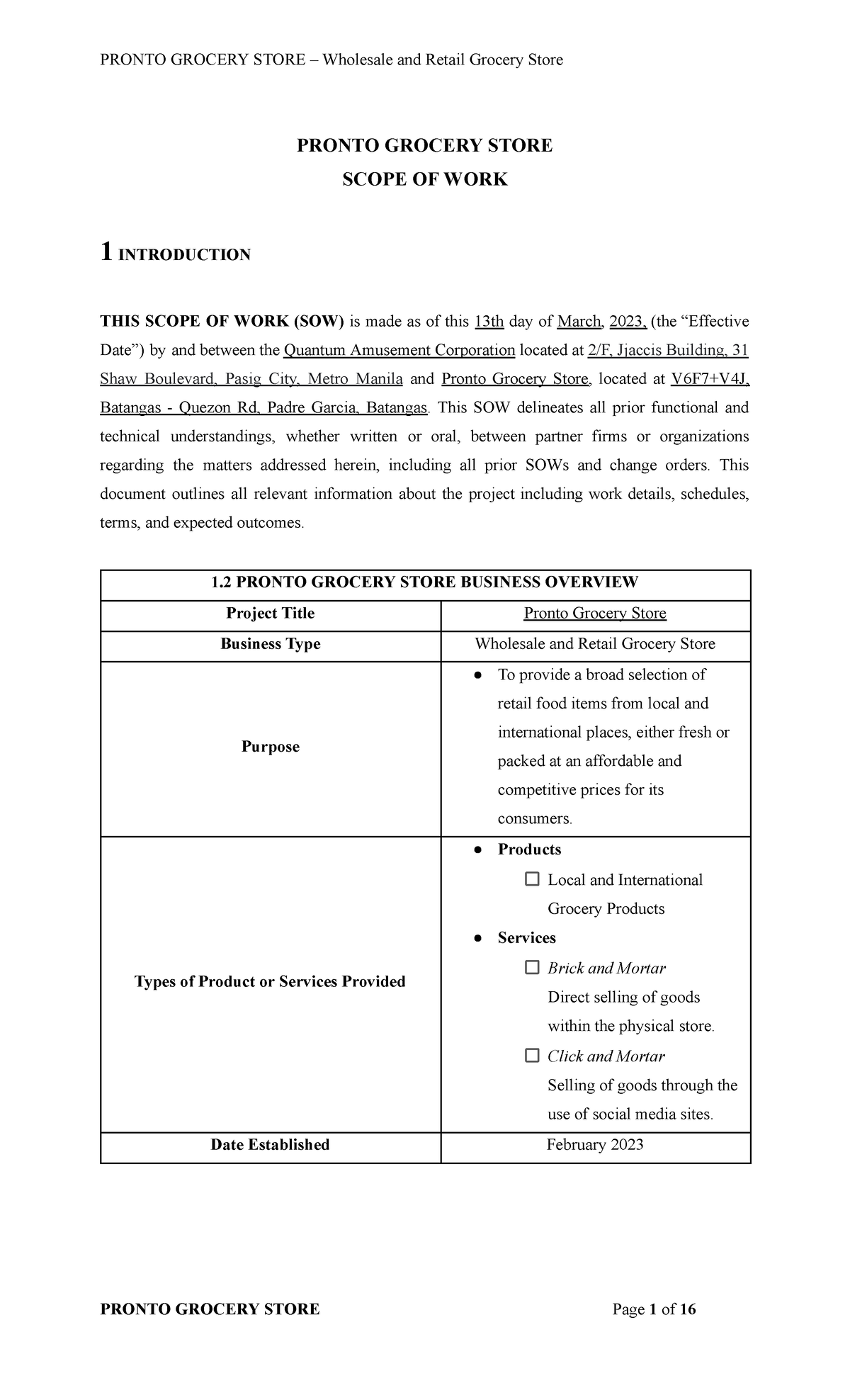 SOW - Pronto - Scope of work - PRONTO GROCERY STORE SCOPE OF WORK 1 ...