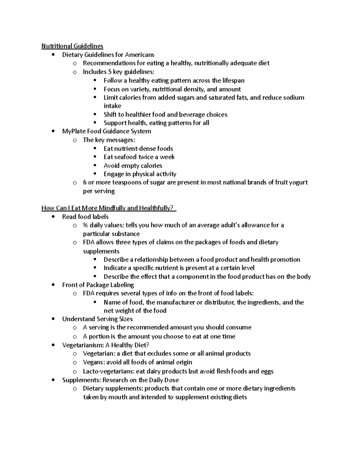Chapter 10 Reading Notes - Nutritional Guidelines Dietary Guidelines ...