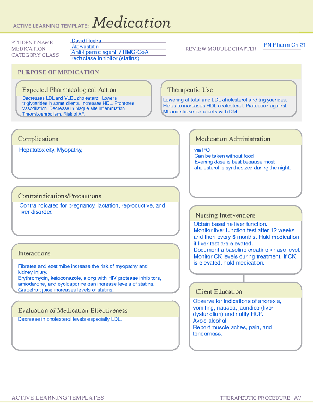 Medication form Atorvastatin completed - NURS50 - STUDENT NAME ...