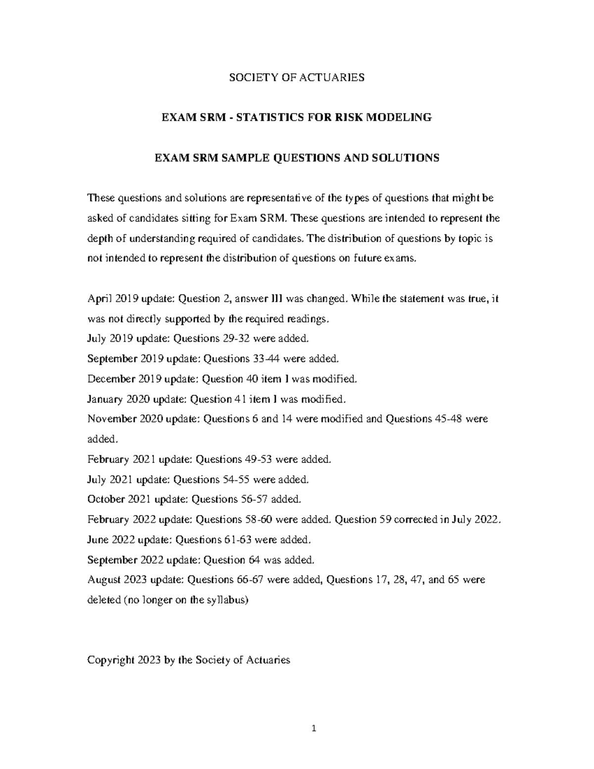 Exam srm sample questions - SOCIETY OF ACTUARIES EXAM SRM - STATISTICS ...