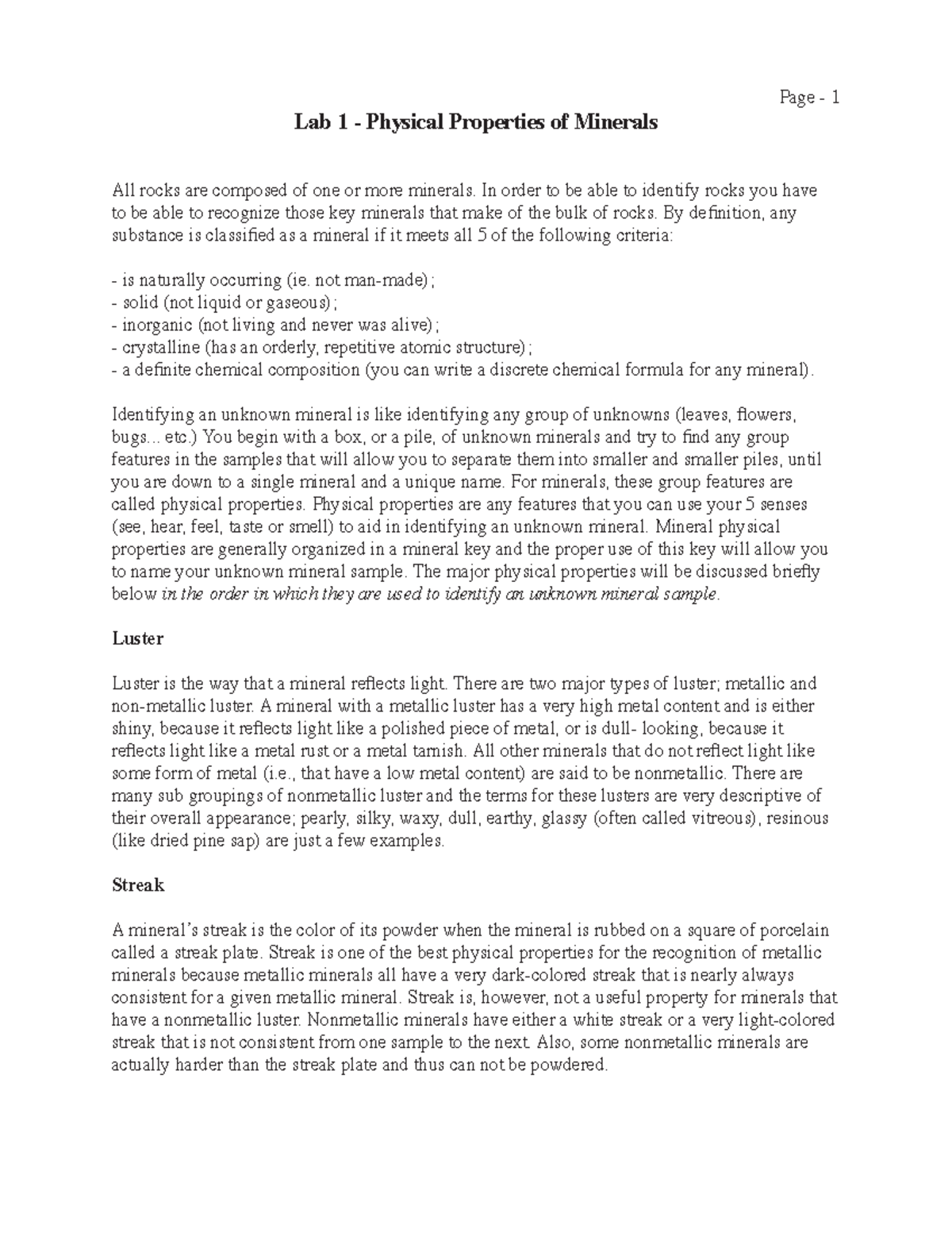 01 physical properties - Page - Lab 1 - Physical Properties of Minerals ...