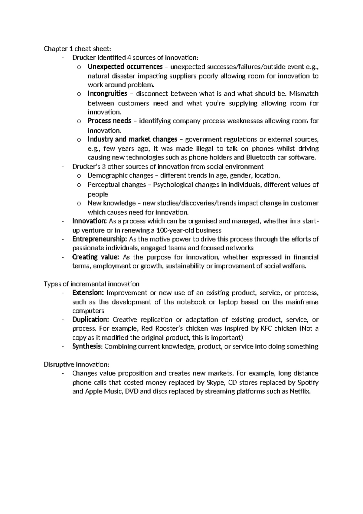 Chapter 1 cheat sheet - Drucker identified 4 sources of innovation: o Unexpected occurrences ...