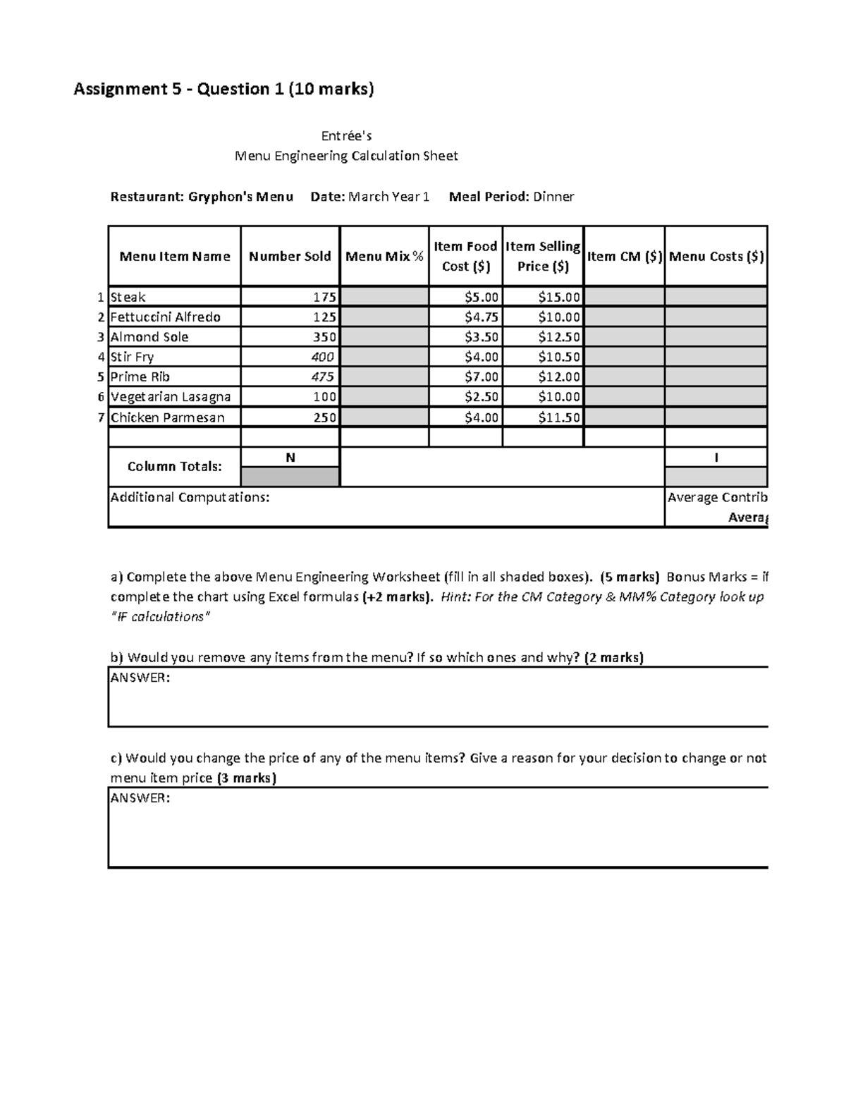 Assignment 05 Questions Htm2030de Restaurant Gryphons Menu Date March Year 1 Meal Period