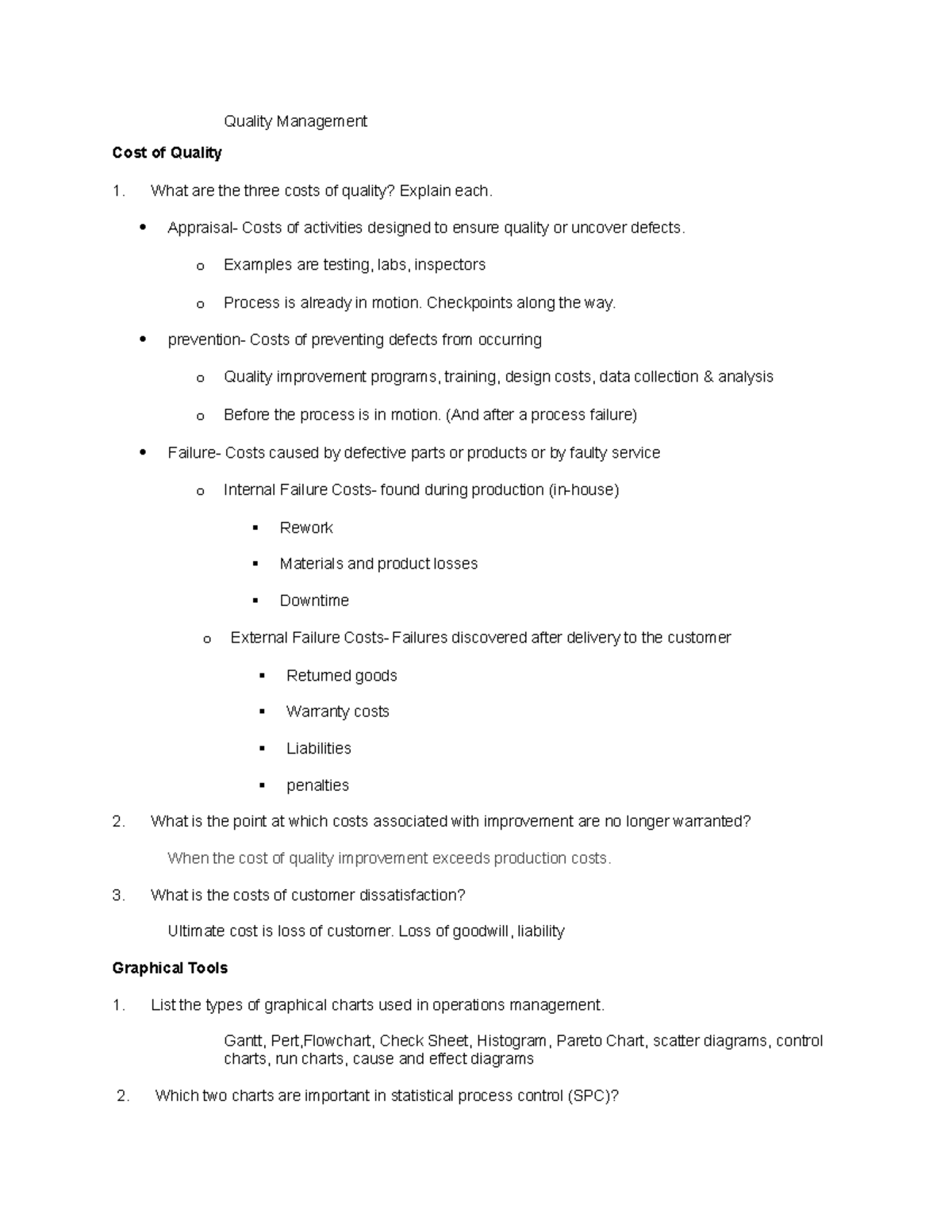Quality Management - Completed Study Guide - Quality Management Cost of ...