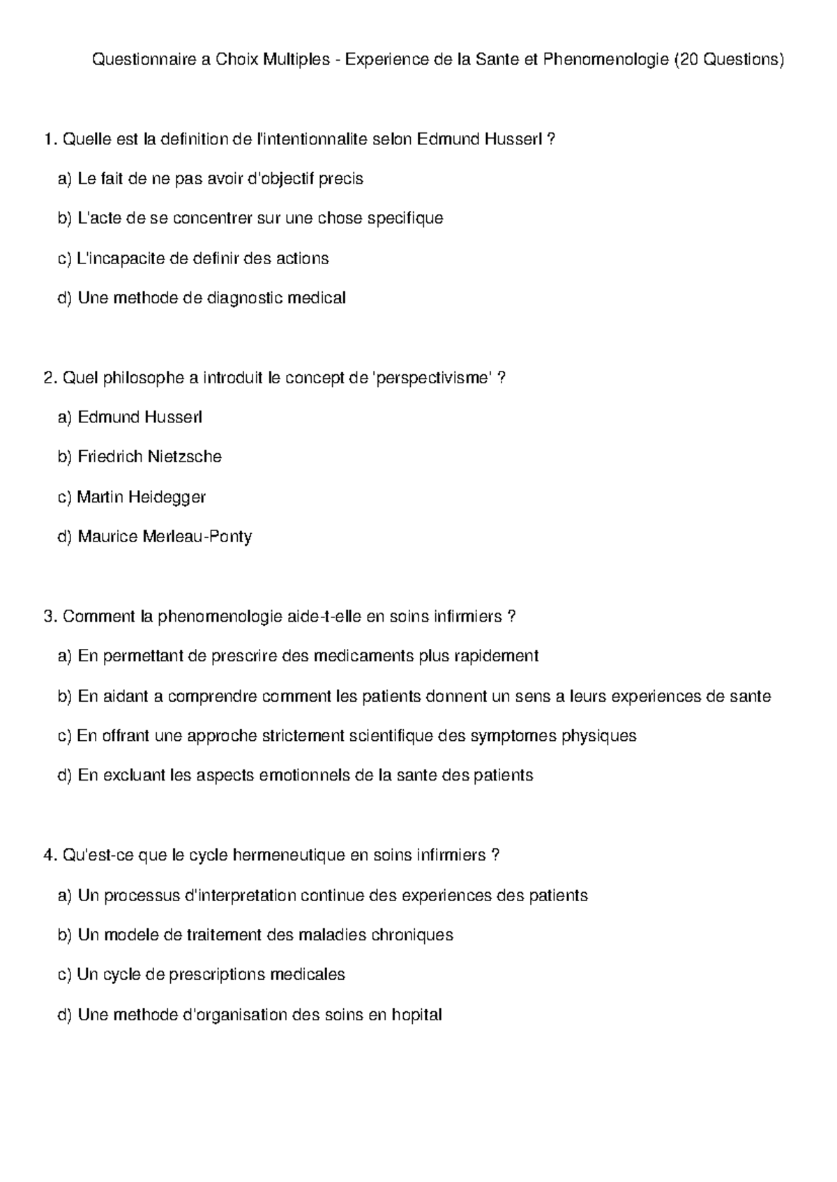 QCM Experience de Sante 20 Questions Cleaned - Questionnaire a Choix ...