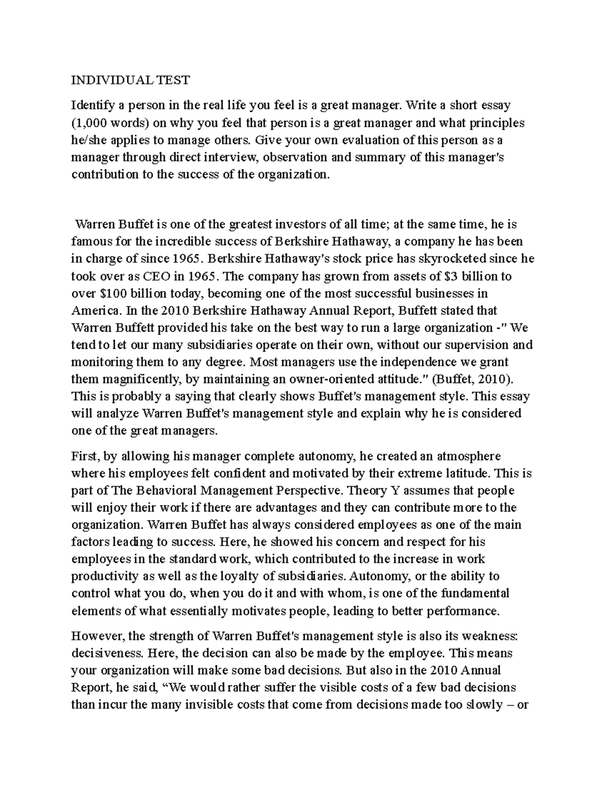 Individual TEST - Phân tích nhà quản trị - INDIVIDUAL TEST Identify a ...