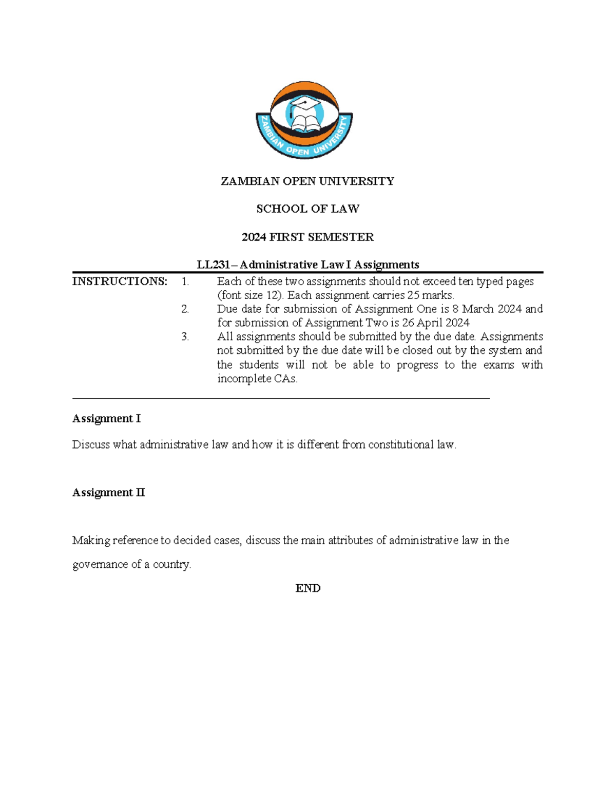 LL 271 Administrative law Assignments 2024 - ZAMBIAN OPEN UNIVERSITY SCHOOL OF LAW 2024 FIRST ...