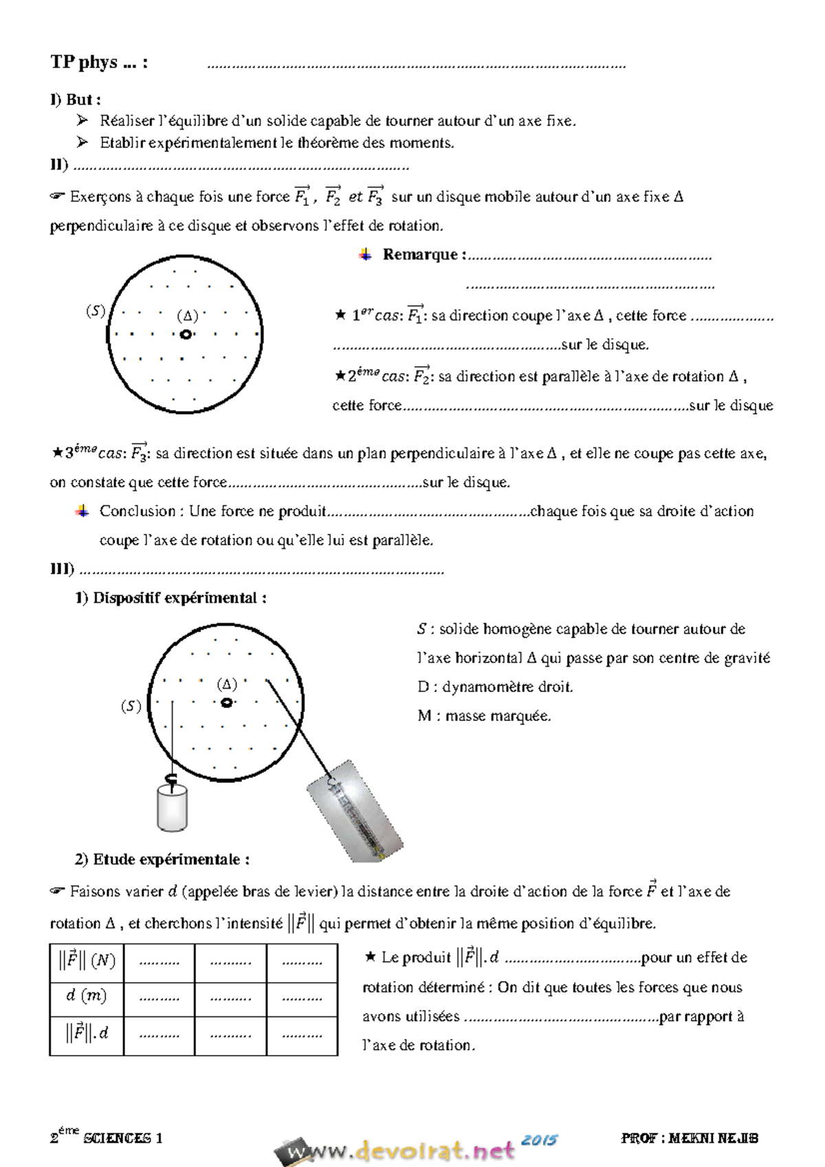 Cours - Physique moments - 2ème Sciences (2014-2015 ) Mr Mekni Nejib - 2 éme SCIENCES 1 PROF ...