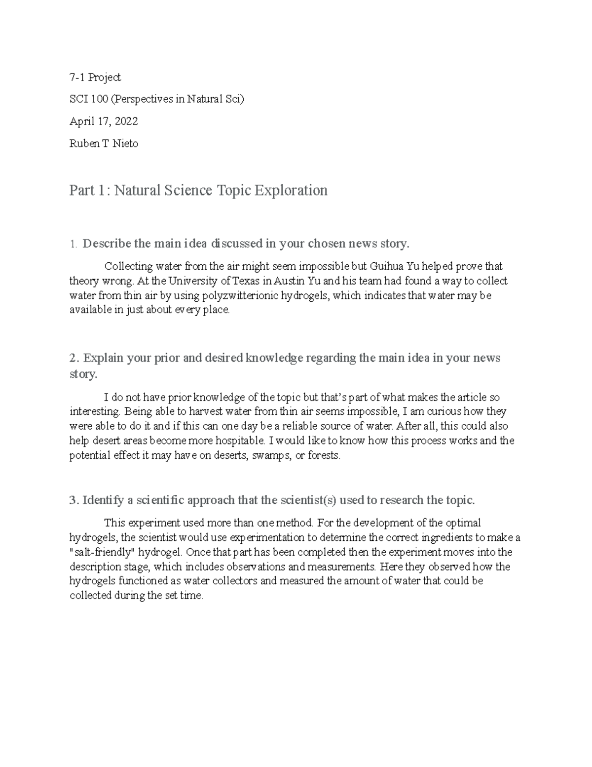 7-1 Project - 7-1 Project SCI 100 (Perspectives in Natural Sci) April ...