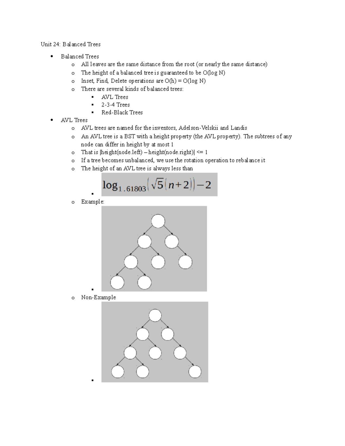 Unit 24 Trees Lecture Notes 24 Unit 24 Balanced Trees Balanced Trees O All Leaves Are The 