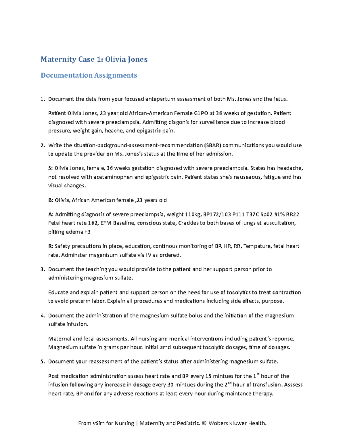 Maternity VSims 1 Documentation - Maternity Case 1: Olivia Jones ...