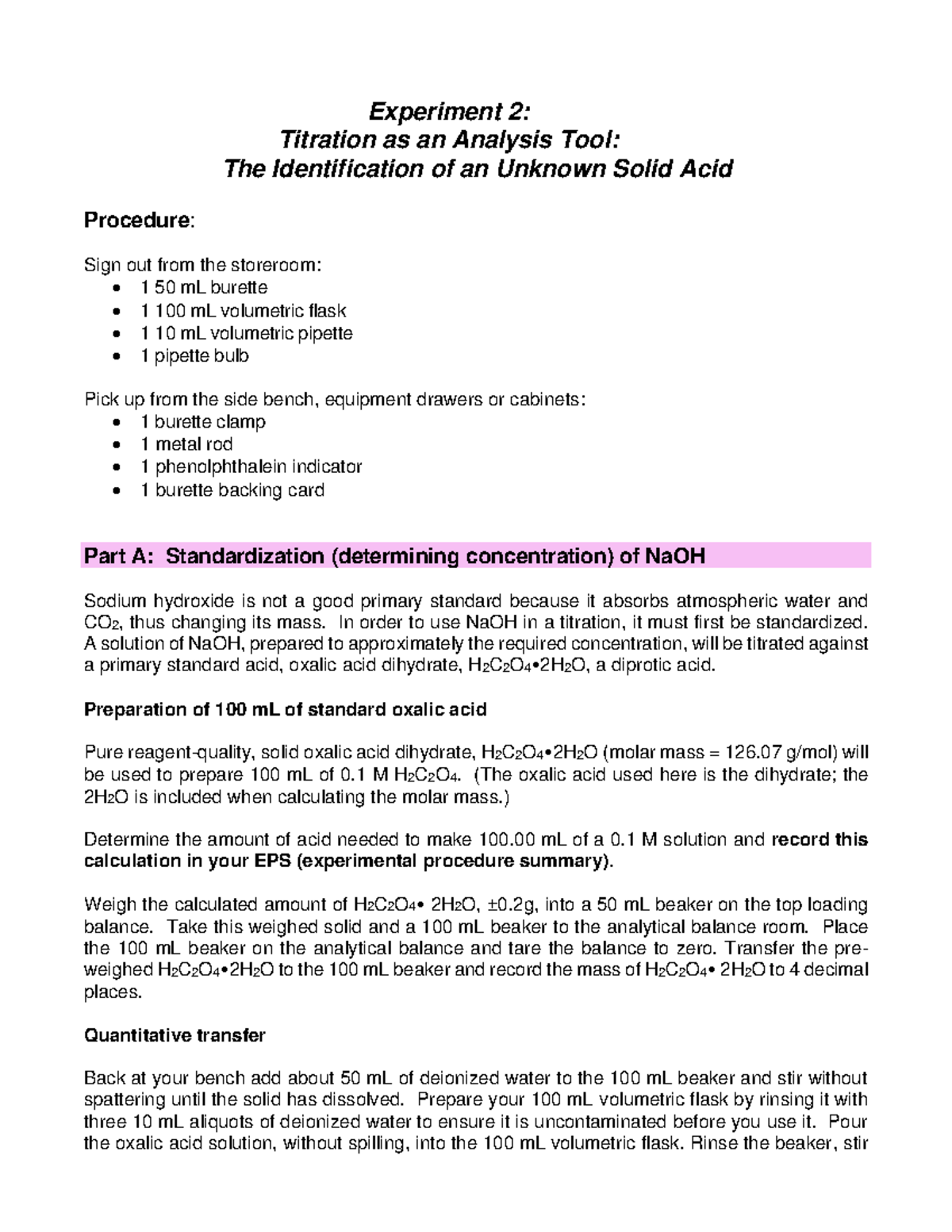 Titration procedure 120L f20 - Experiment 2 : Titration as an Analysis ...