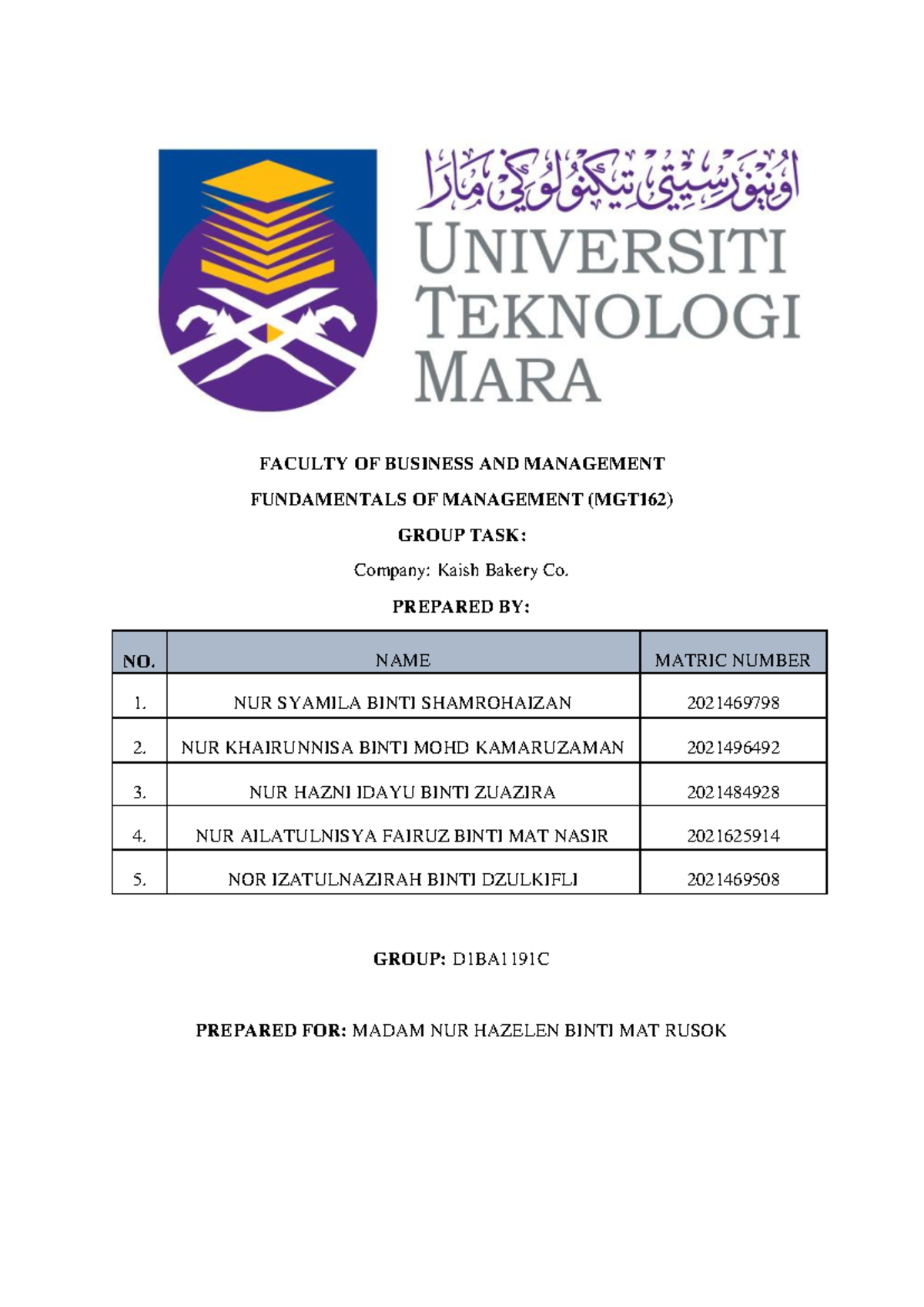 MGT162 Group Assignment - FACULTY OF BUSINESS AND MANAGEMENT FUNDAMENTALS OF MANAGEMENT (MGT162 ...