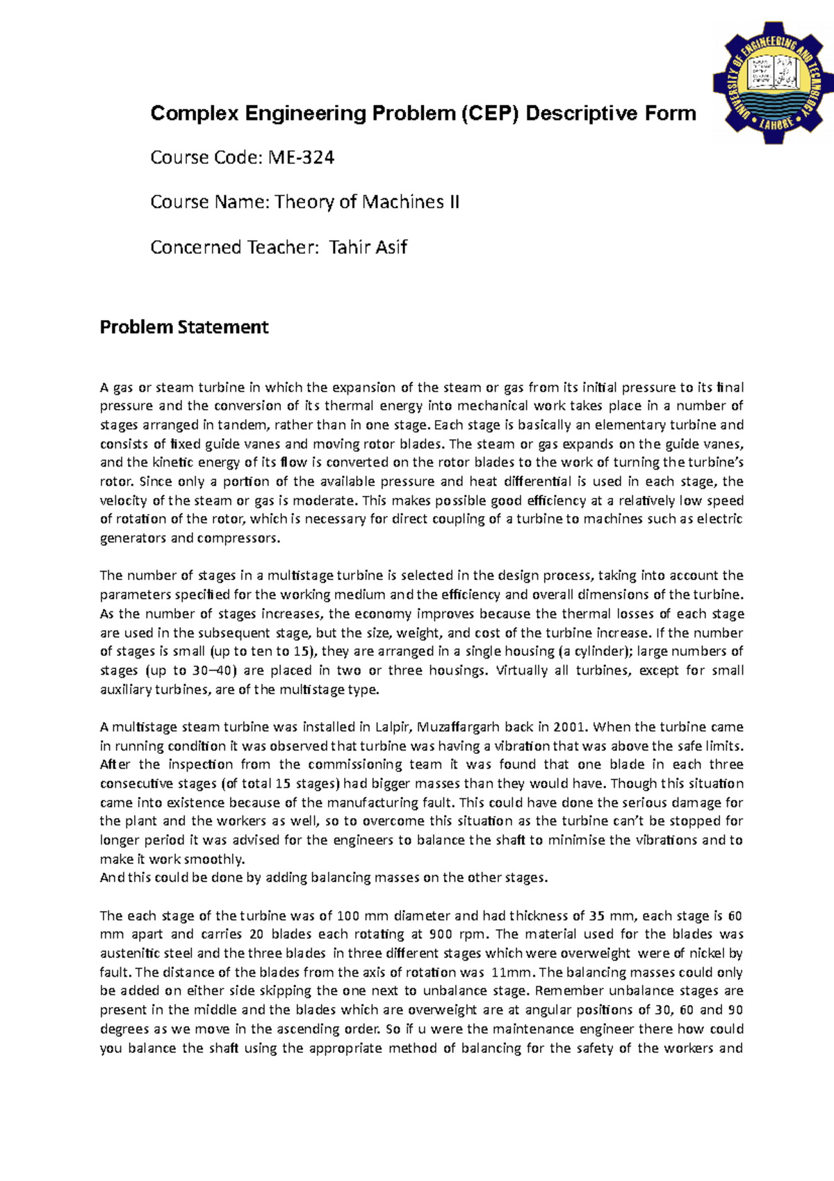 Complex Engineering Problem (Mechanics of Machines) - Complex Engineering Problem (CEP ...