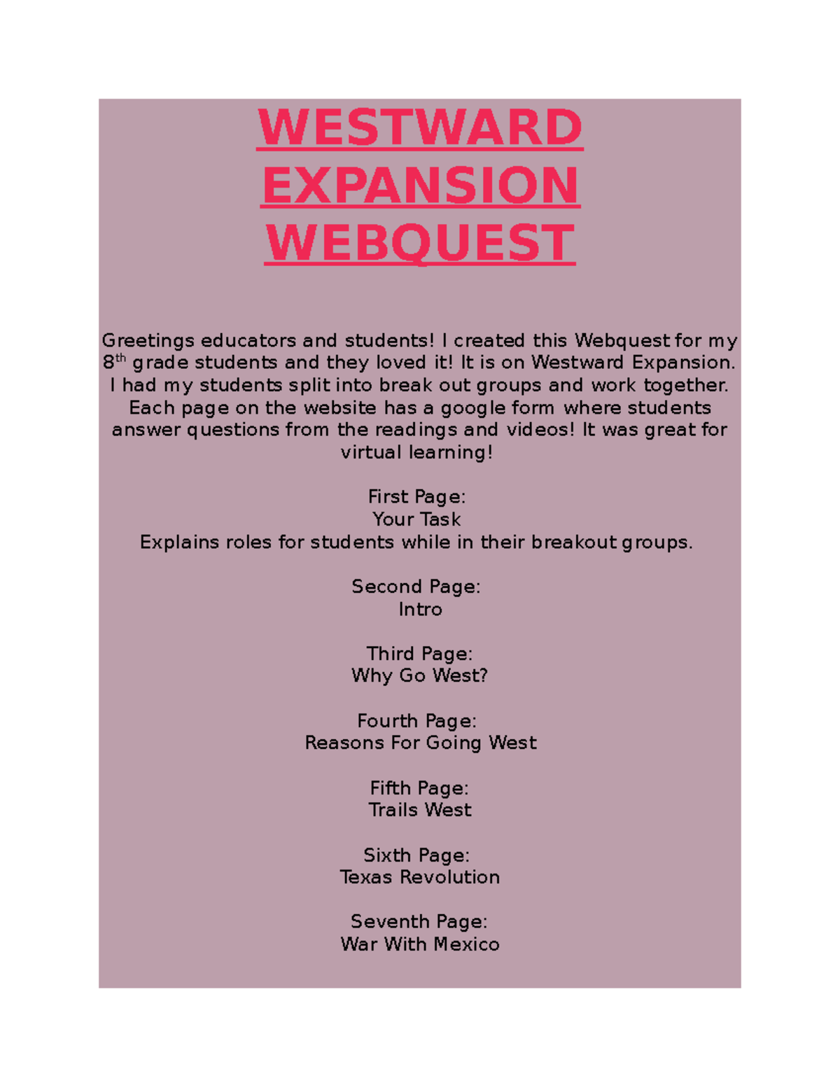 Westward Expansion Webquest-1 - WESTWARD EXPANSION WEBQUEST Greetings ...