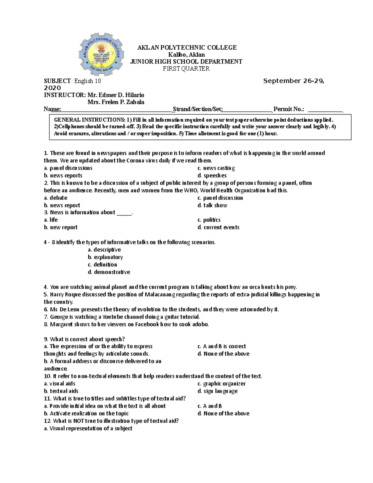 Examenglish 10 - Good luck - AKLAN POLYTECHNIC COLLEGE Kalibo, Aklan ...