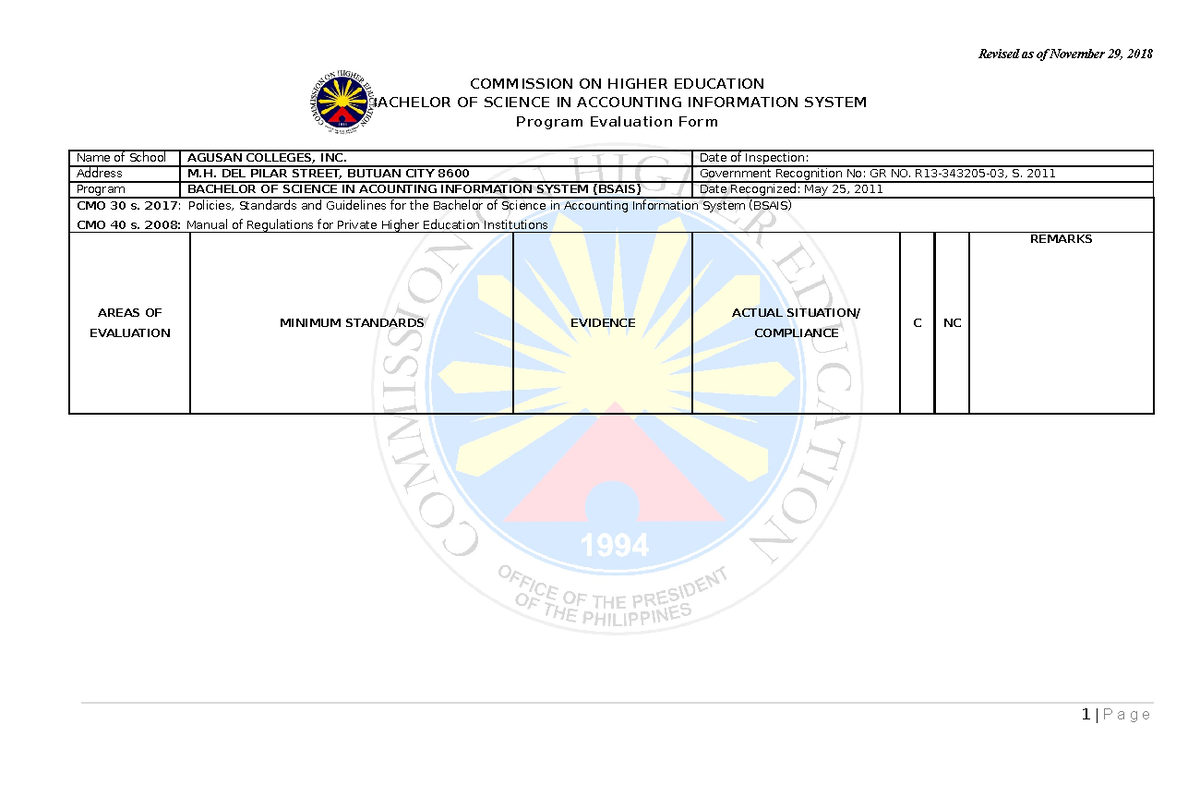 Monitoring-Tool Bsais - COMMISSION ON HIGHER EDUCATION BACHELOR OF ...