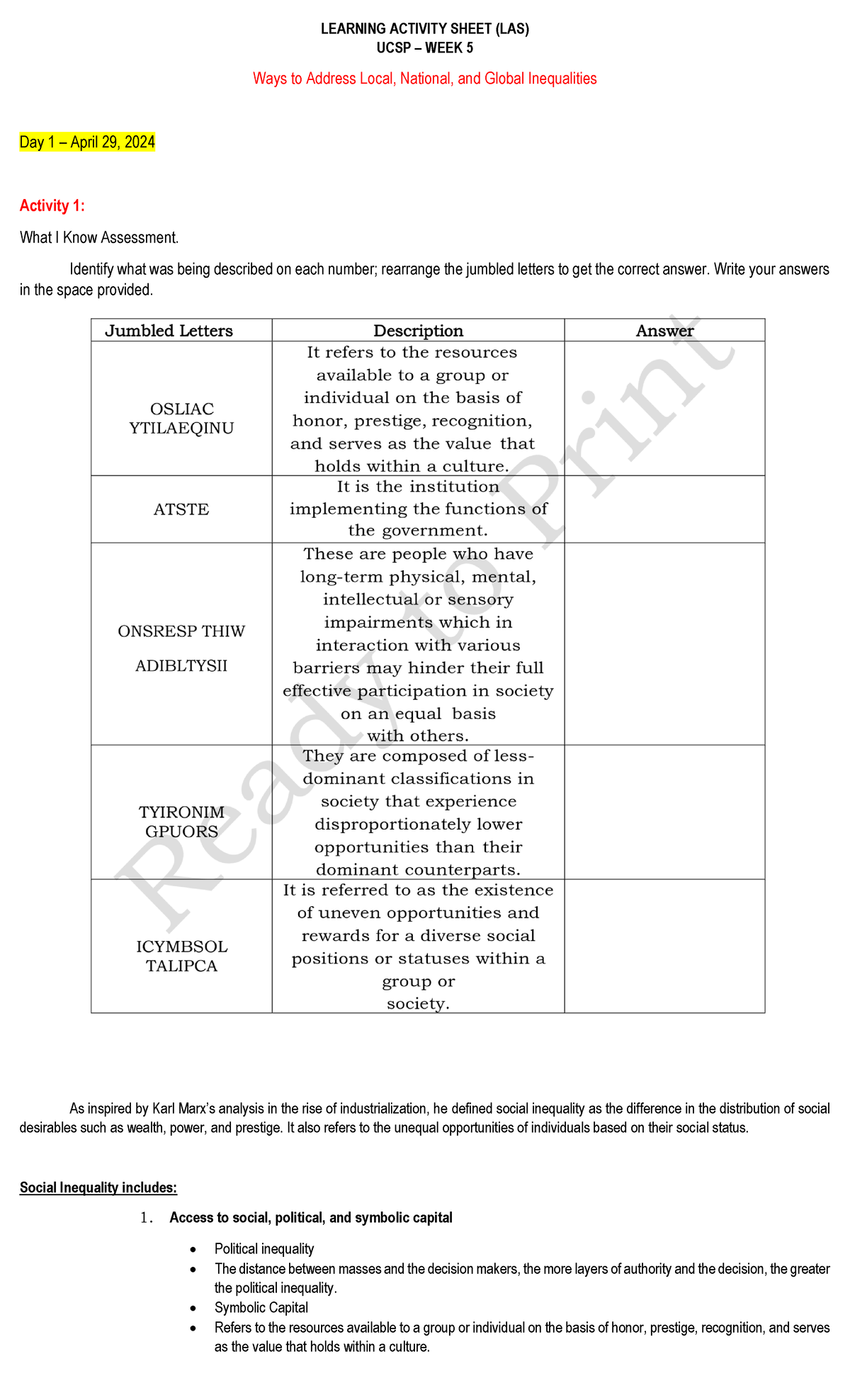 LAS UCSP April 29 30 2024 - LEARNING ACTIVITY SHEET (LAS) UCSP – WEEK 5 ...