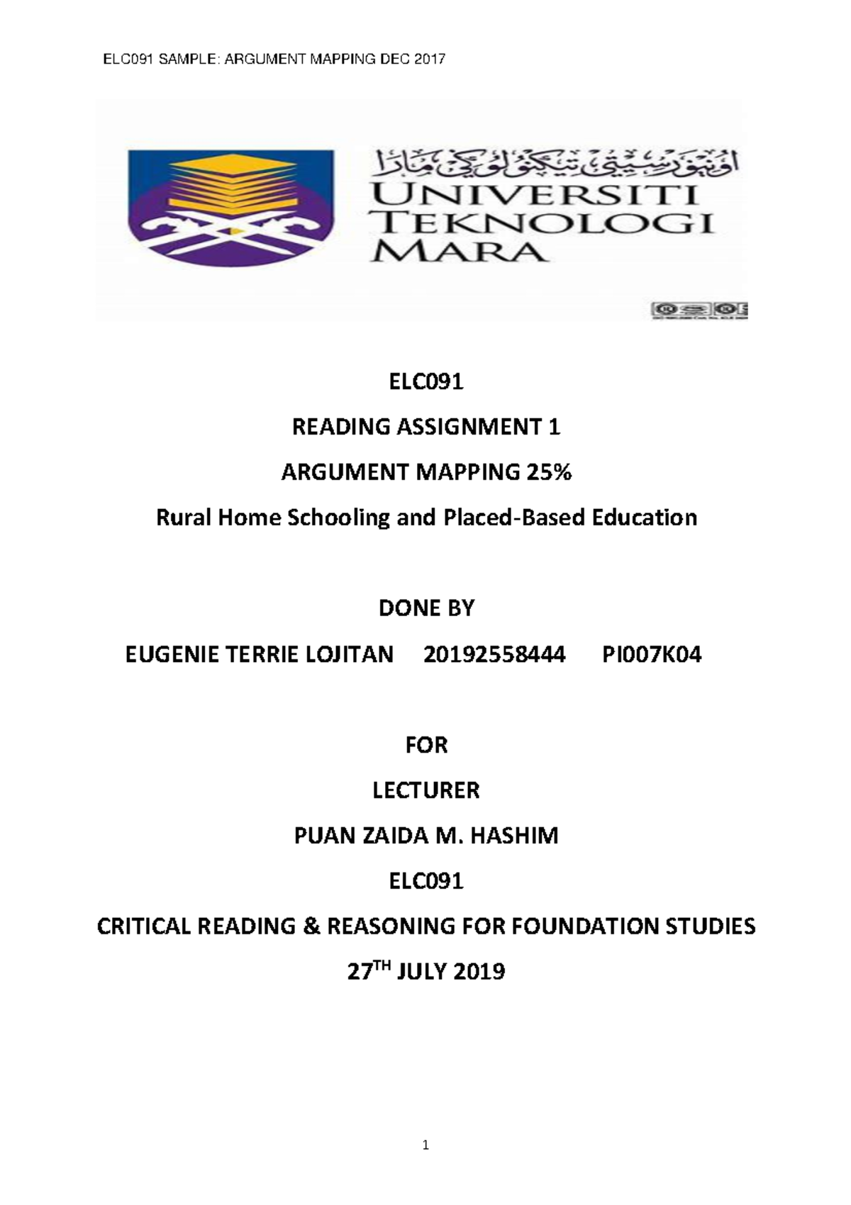 Argument Mapping Assignment 1 With Answers - ELC READING ASSIGNMENT 1 ARGUMENT MAPPING 25% Rural ...
