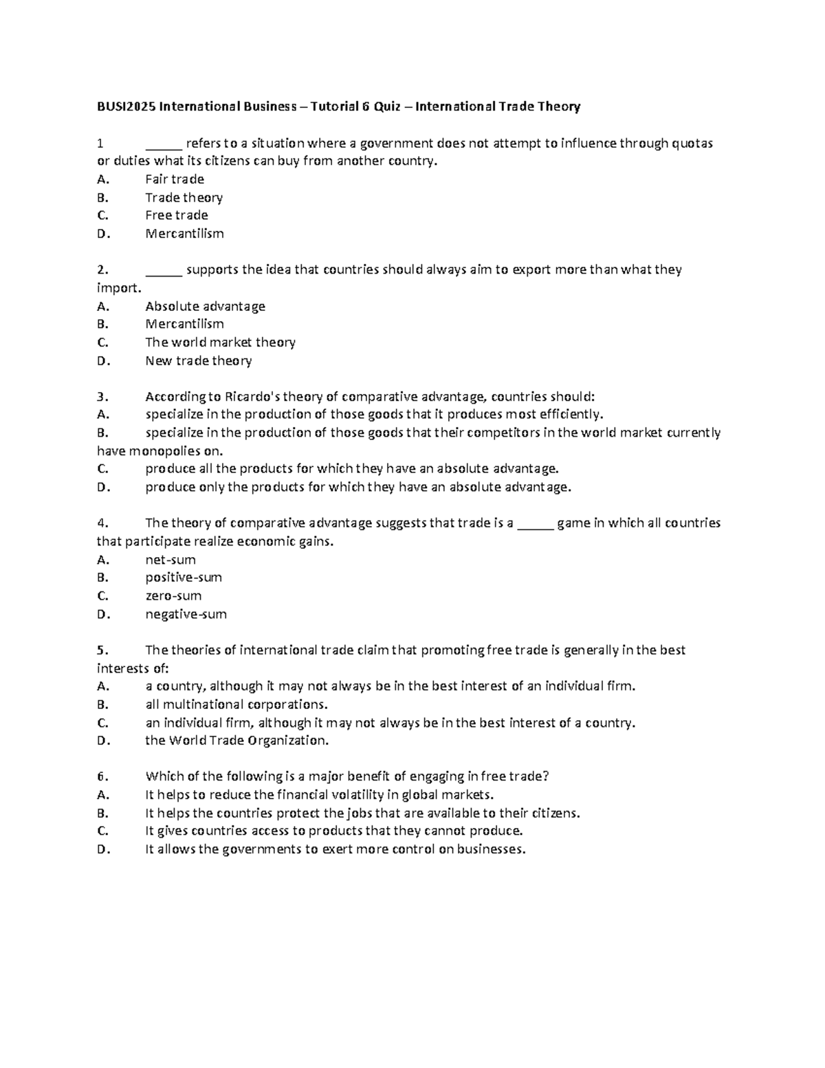 Tutorial 6 International trade quiz Questions - BUSI2025 International ...