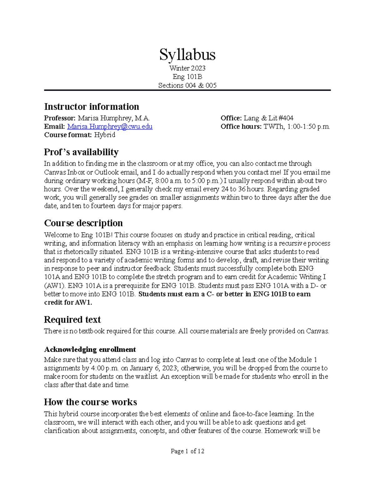 Syllabus - Eng 101B - Winter 2023 - Syllabus Winter 2023 Eng 101B ...