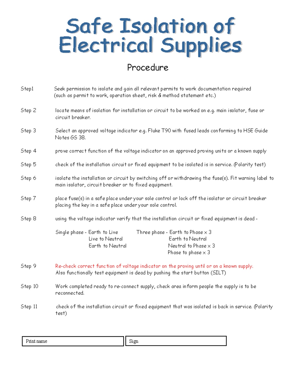 Safe Isolation Isolation Procedure 11 Steps Procedure Step1 Seek