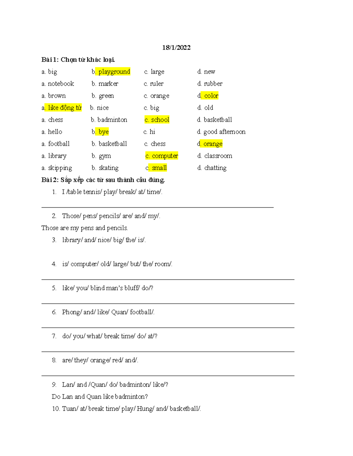 Biiii - 18/1/ Bài 1: Chọn từ khác loại. a. big b. playground c. large d ...