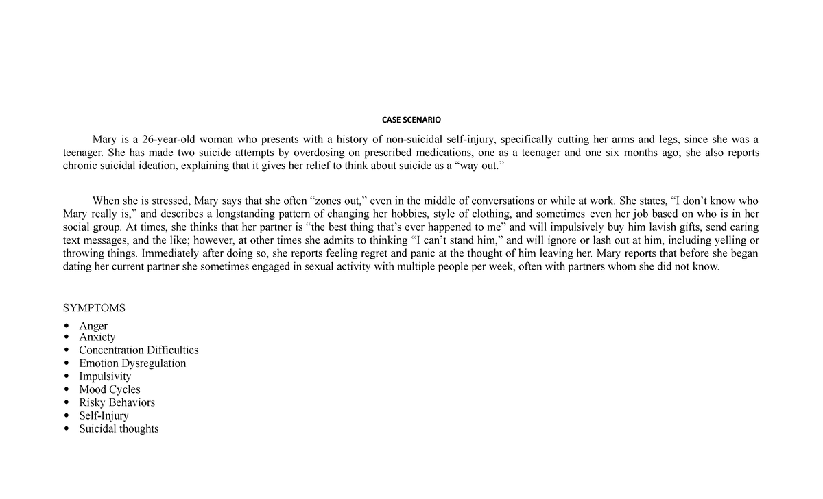 Personality Disorder DSM-5 - CASE SCENARIO Mary is a 26-year-old woman ...