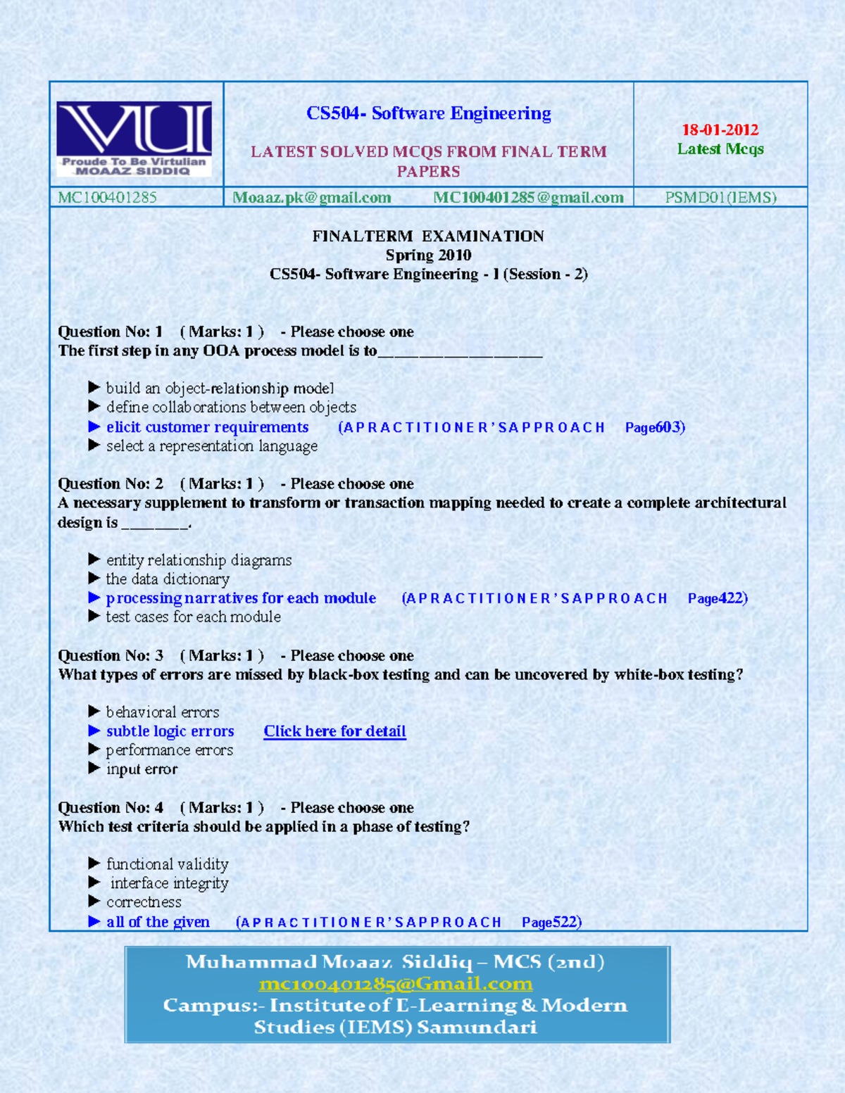 CS504 Final term MCQS Solved With References By Moaaz vustudy - CS504- Software Engineering ...