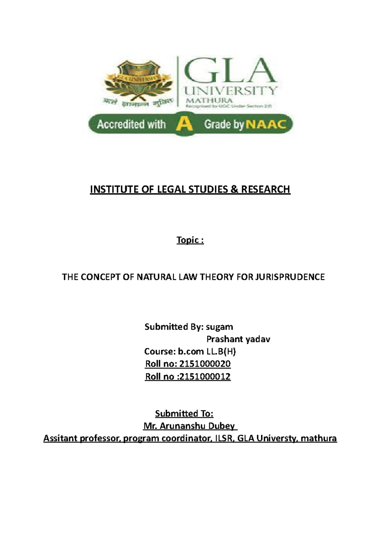 Jurispurdence project sugam - INSTITUTE OF LEGAL STUDIES & RESEARCH ...