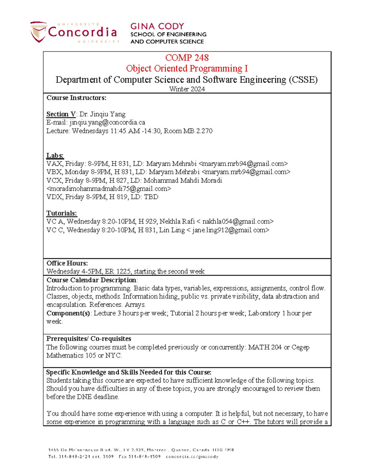 COMP248-V Winter 2024 Course Outline - COMP 248 Object Oriented Programming I Department of ...
