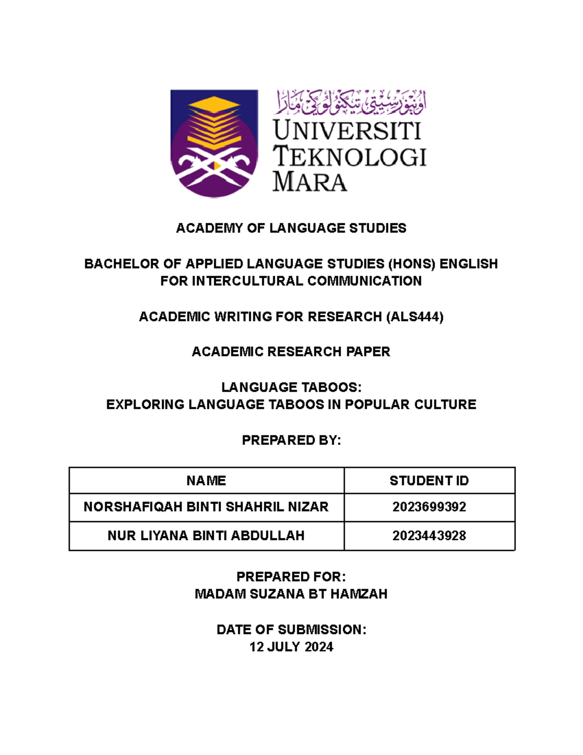 Academic Research Paper - ACADEMY OF LANGUAGE STUDIES BACHELOR OF APPLIED LANGUAGE STUDIES (HONS ...