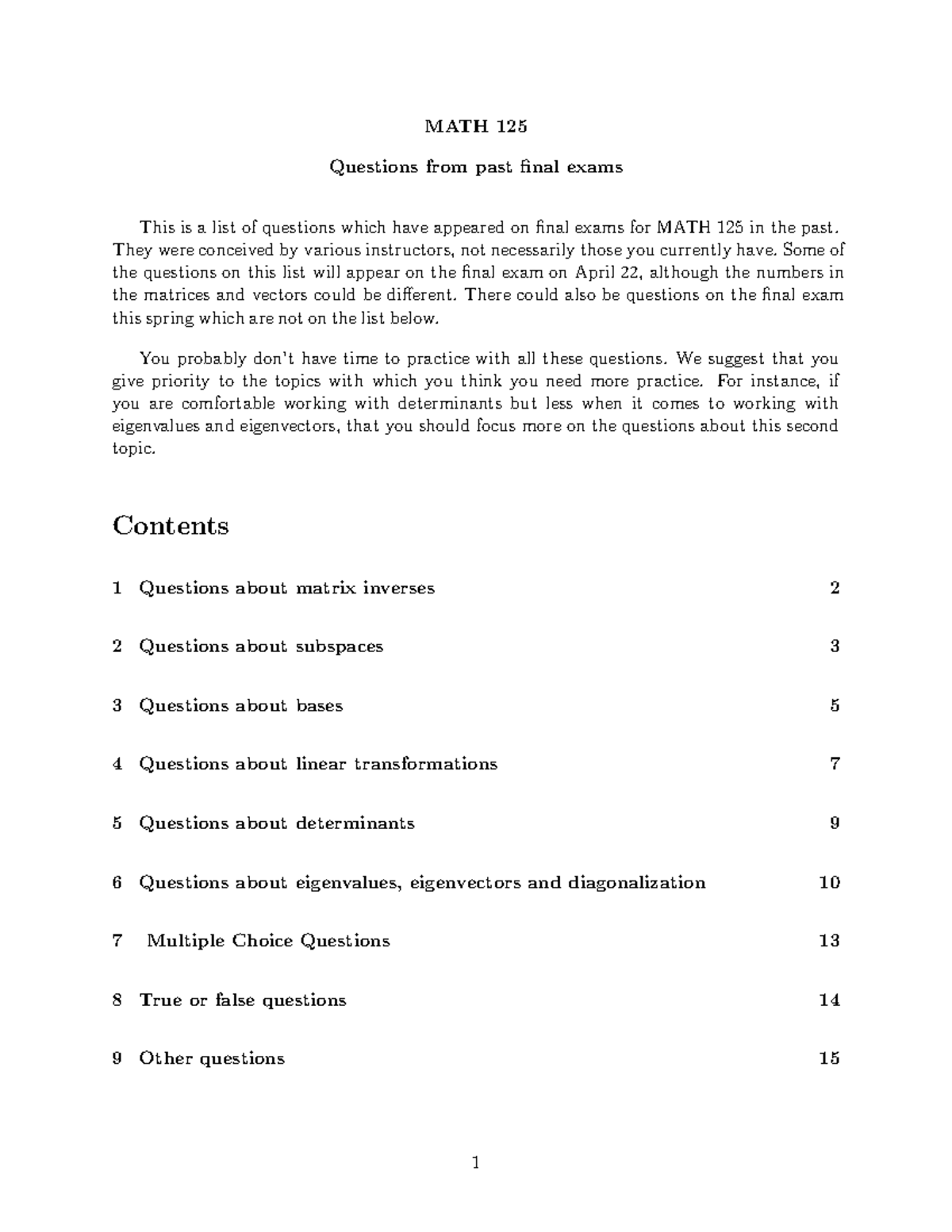 MATH125 Questions past final exams - MATH 125 Questions from past final ...