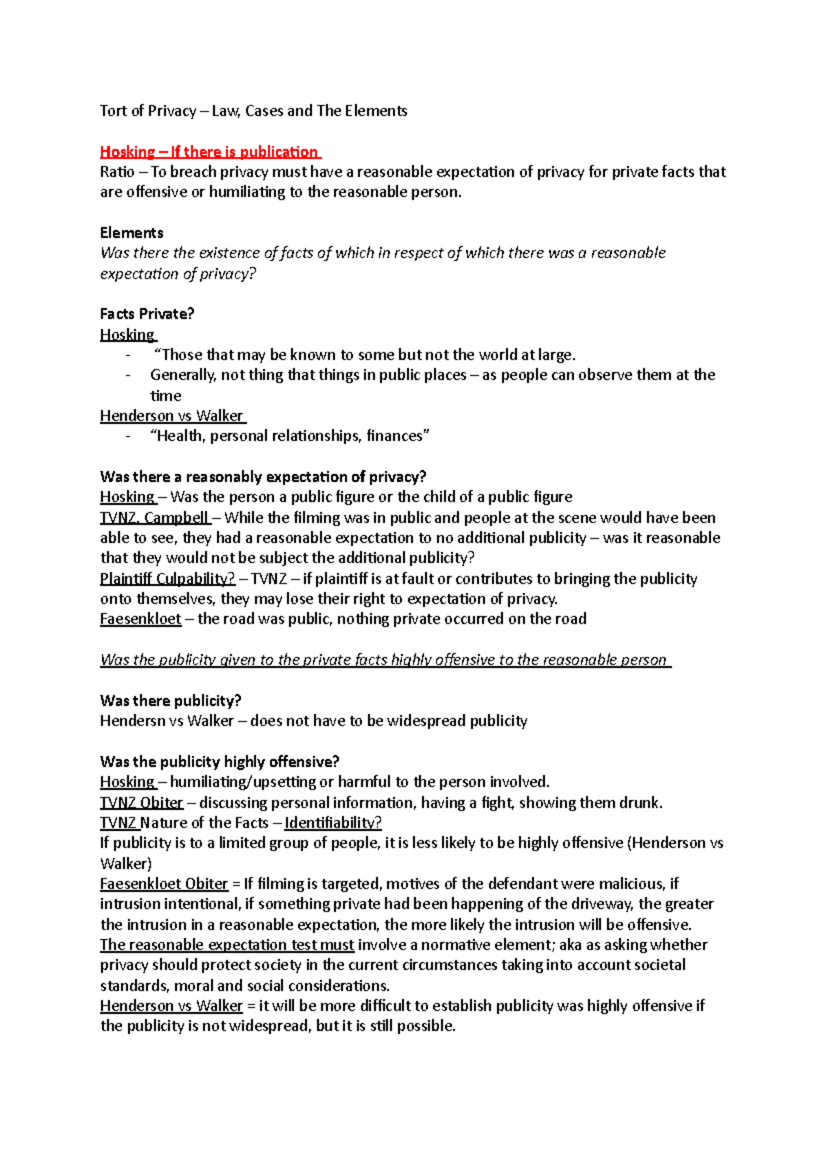 Privacy - Final Cheat Sheet - Tort of Privacy – Law, Cases and The ...