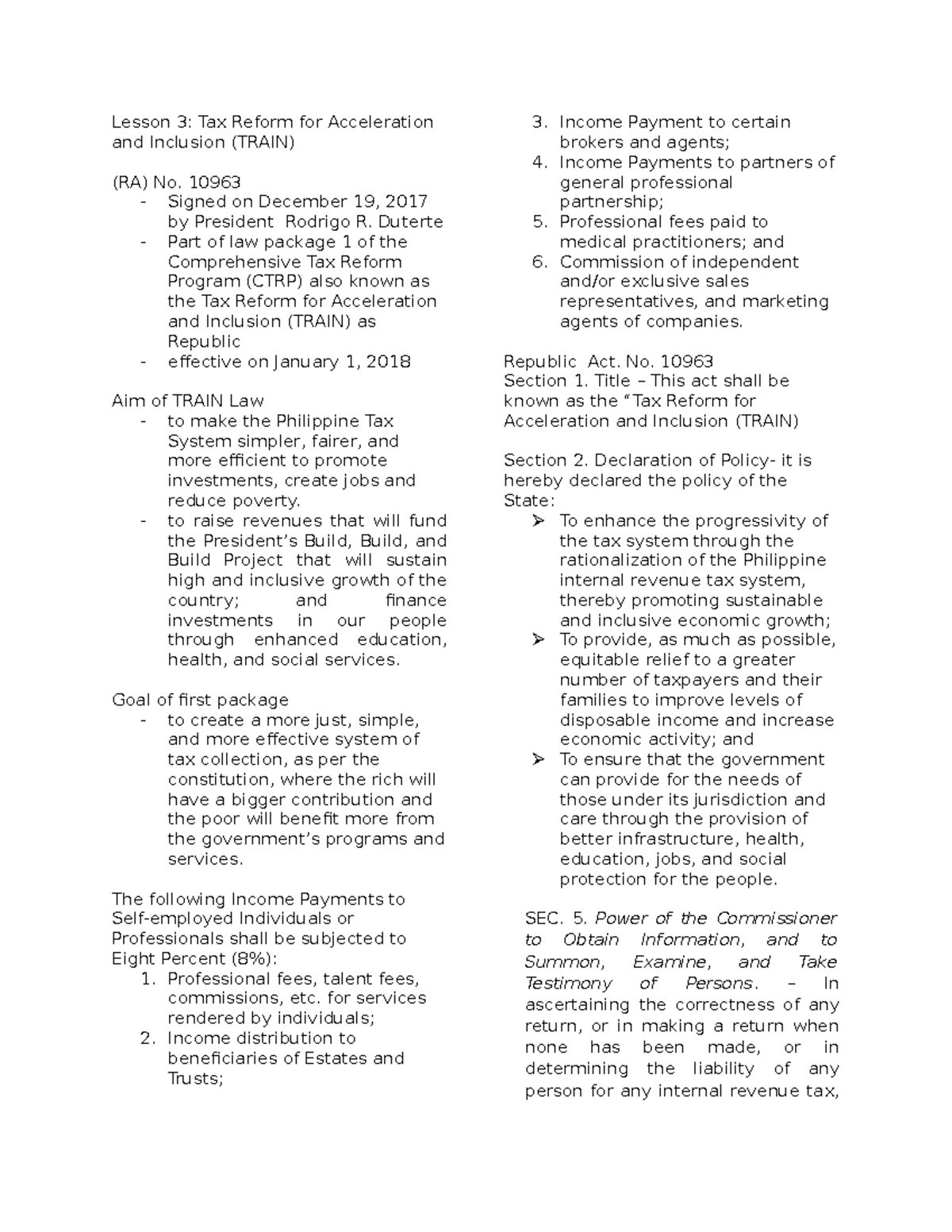 Lesson 3 - Train Law - Lesson 3: Tax Reform for Acceleration and ...