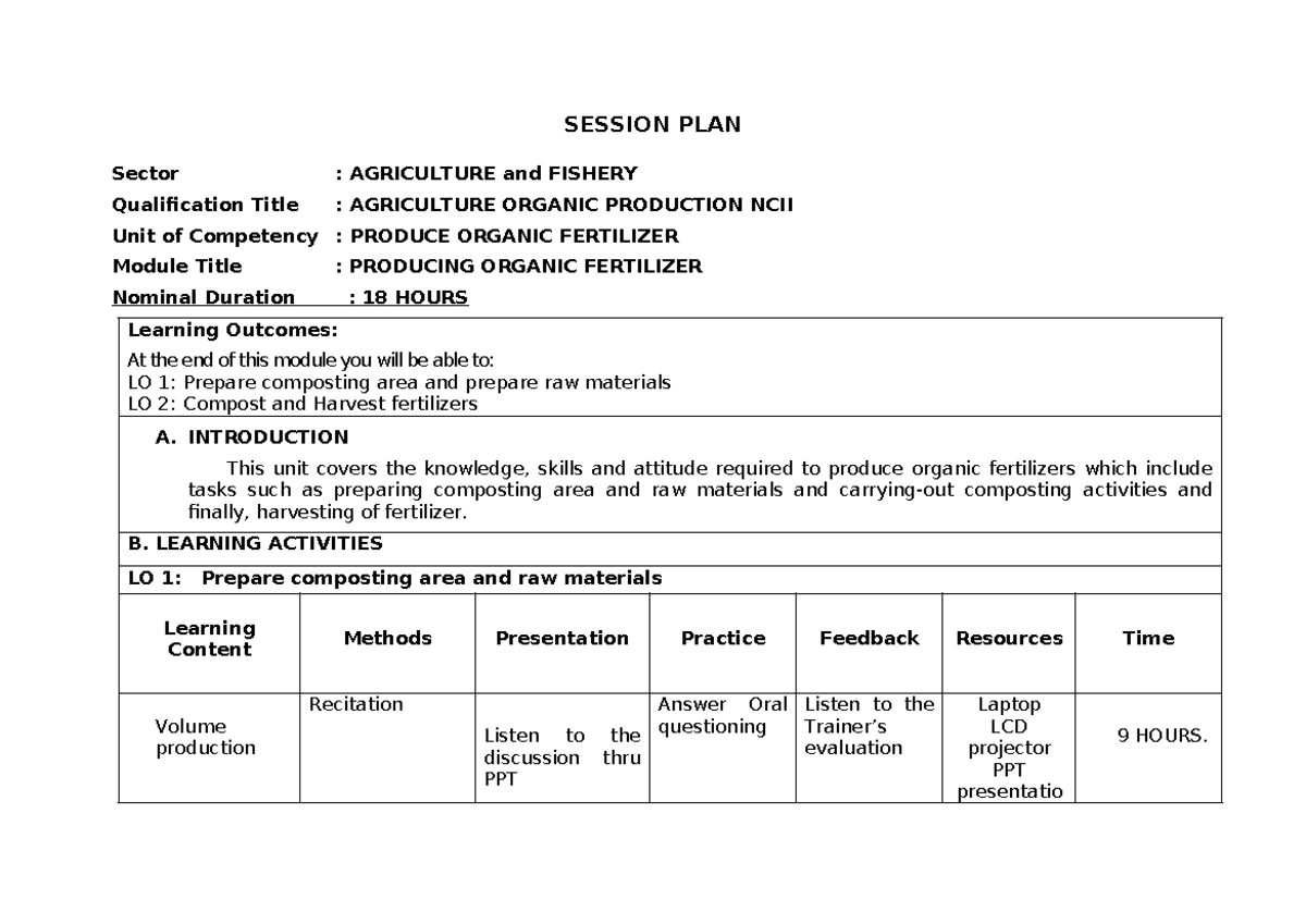 UC 3 Session PLAN Organic Fertilizers - SESSION PLAN Sector ...