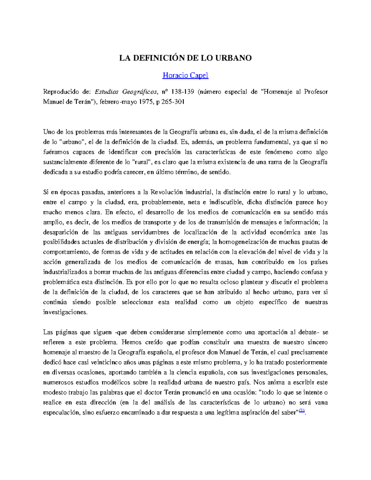 Lectura 1 LA Definicion DE LO Urbano - LA DEFINICIÓN DE LO URBANO ...