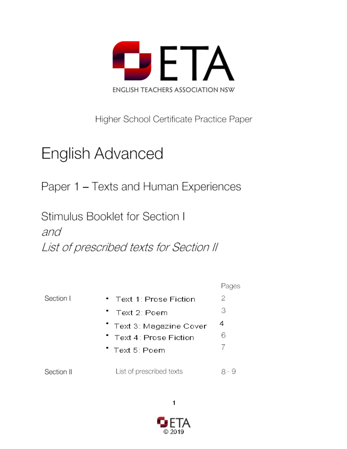 ETA Sample English Adv HSC Stimulus - • • • • • 1 Text 1: Prose Fiction ...