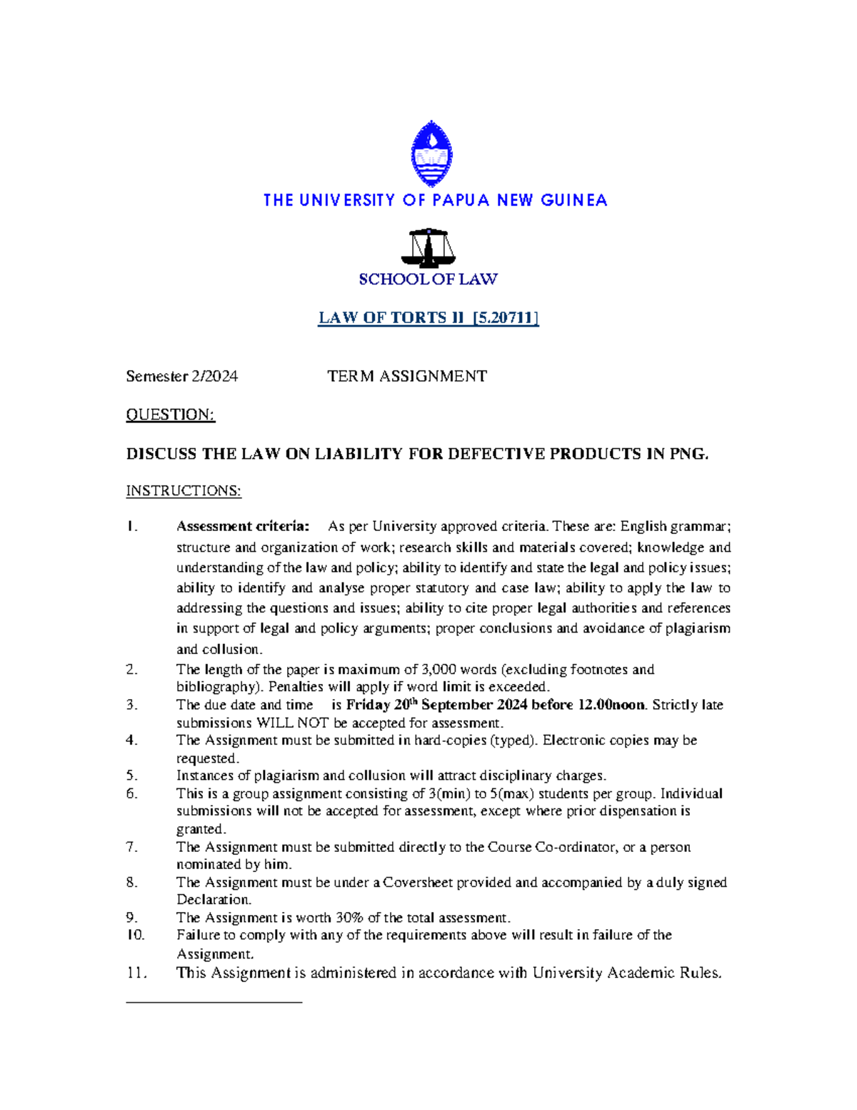 Torts 2 Term Assignment 2024 123932 - THE UNIVERSITY OF PAPUA NEW ...