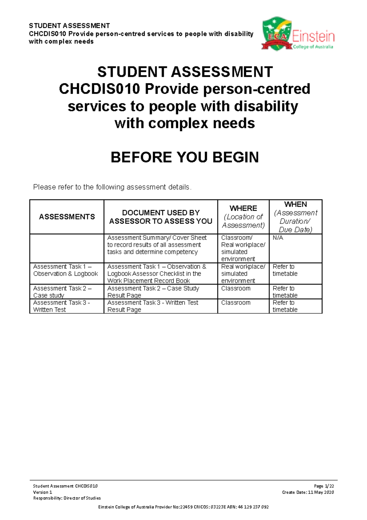 Chcdis 010 - ASSIGNMENT - CHCDIS010 Provide person-centred services to ...