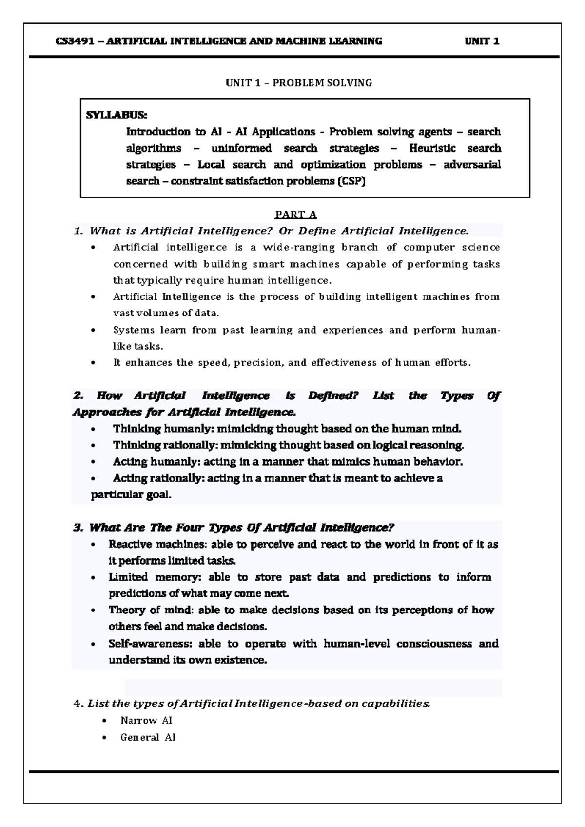 Artificial intelligence and data science unit one python code for future - UNIT 1 – - Studocu