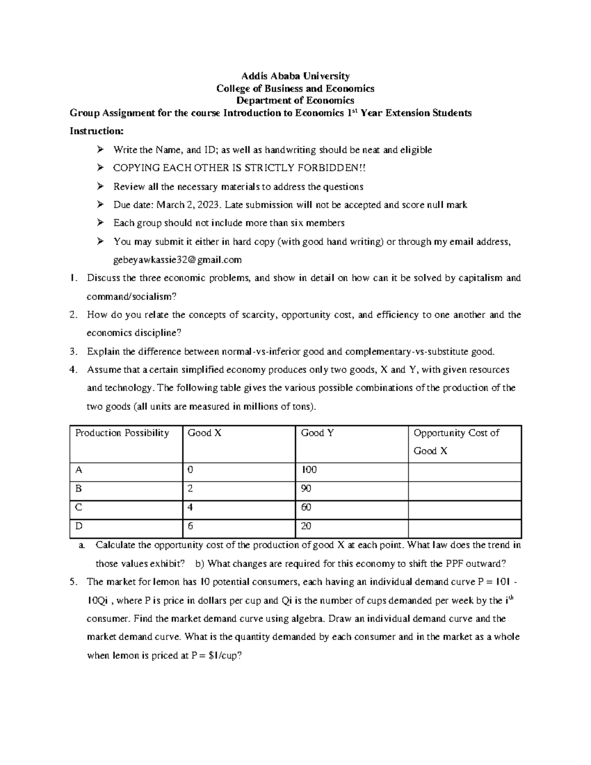 Assignment for Econ 1011 - Addis Ababa University College of Business and Economics Department ...