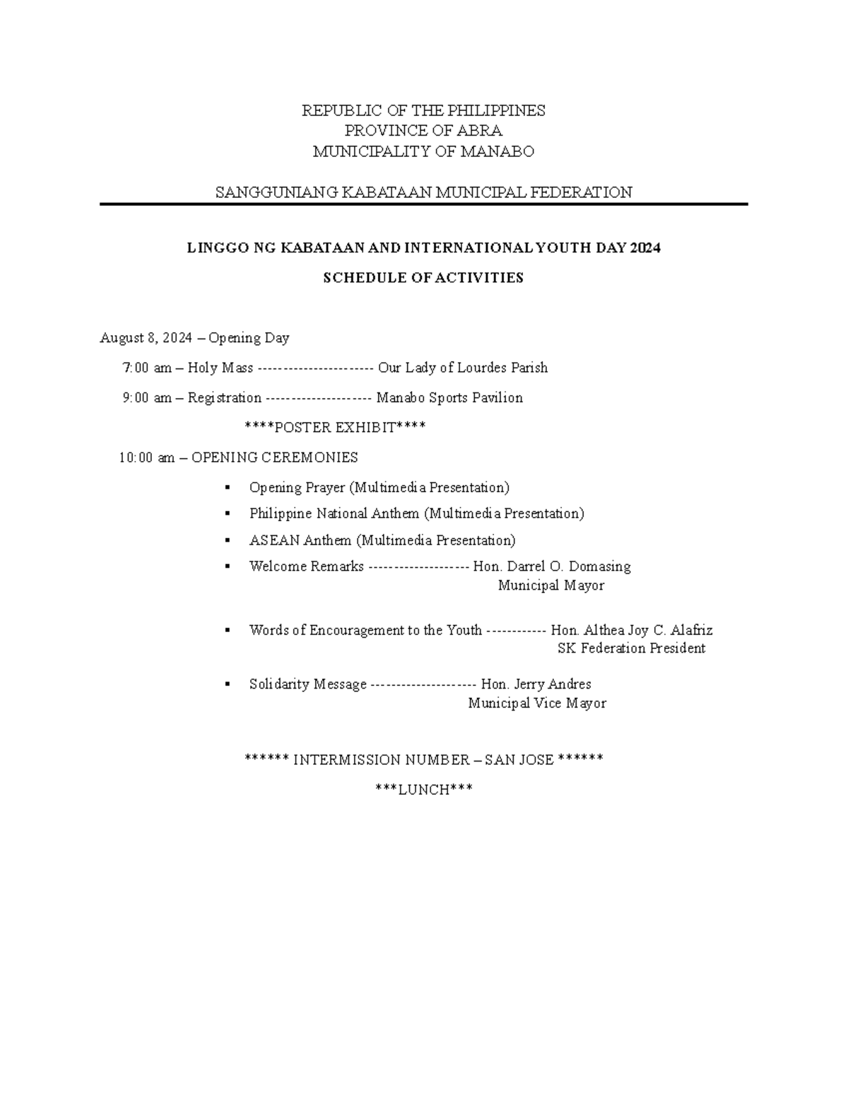 LNK Schedule of Activities - REPUBLIC OF THE PHILIPPINES PROVINCE OF ...