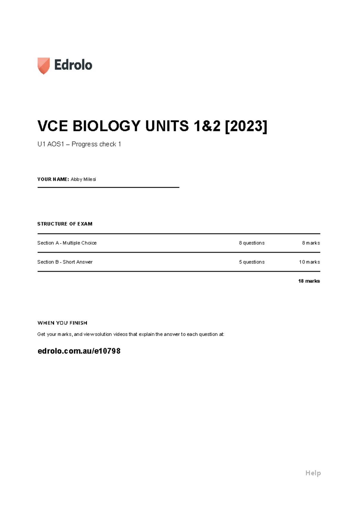 Edrolo – – U1 AOS1 – Progress check 1 - VCE BIOLOGY UNITS 1&2 [2023] U1 ...
