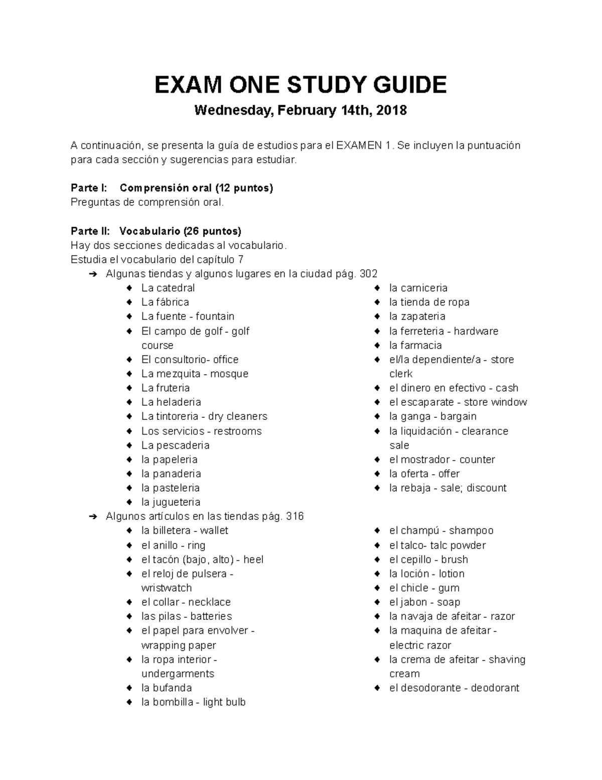 Intermediate Spanish II Exam One Review - EXAM ONE STUDY GUIDE ...