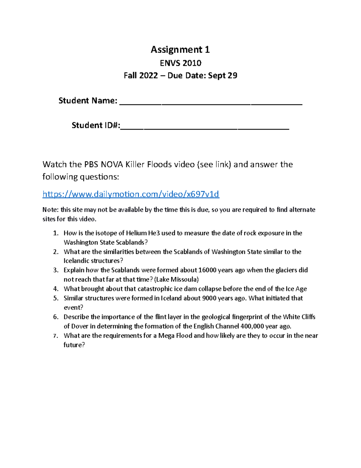 A1 novakillerfloodsvideo 2022 - Assignment 1 ENVS 2010 Fall 2022 – Due Date: Sept 29 Student ...