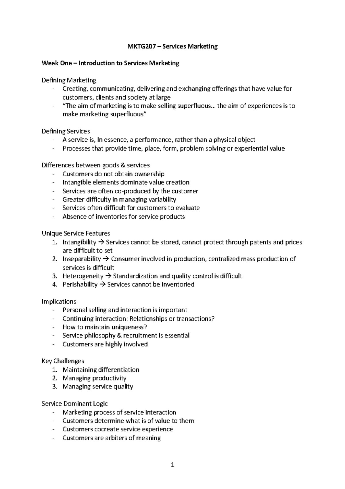 MKTG207 FULL - FULL COMPREHENSIVE NOTES - MKTG207 – Services Marketing ...